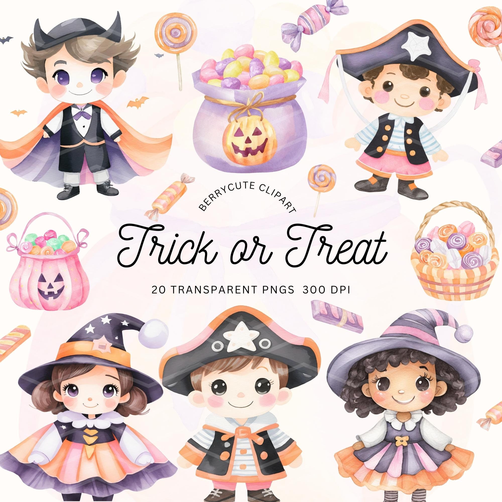 Watercolor Cute Halloween Clipart Pack, Trick or Treat Clipart ...