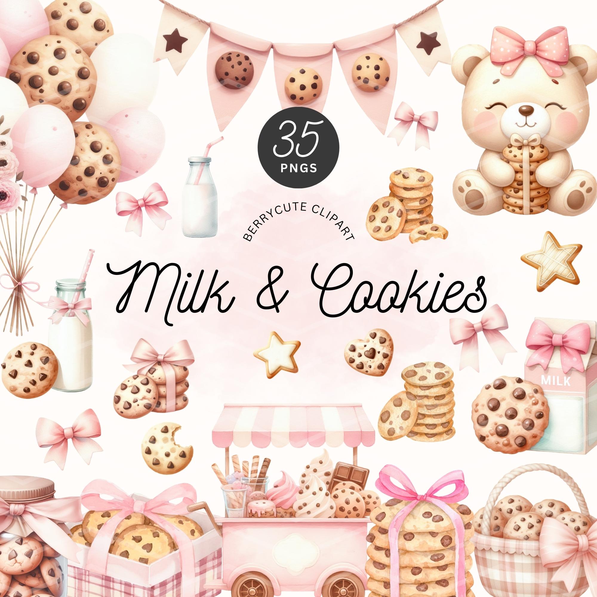 Milk and Cookies Clipart Pack, Pink, Watercolor Chocolate Chip Cookies ...
