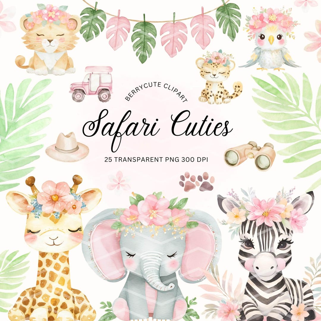 Safari Clipart Set, Jungle Clipart, Cute Giraffe, Baby Lion, Elephant ...