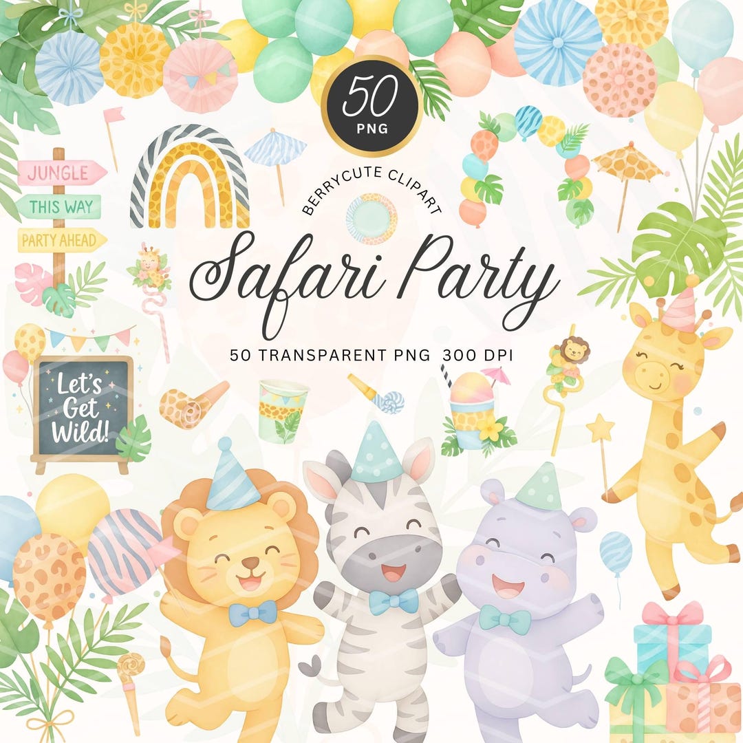 Safari Party Clipart Bundle, Watercolor Safari Animals, Jungle Birthday ...