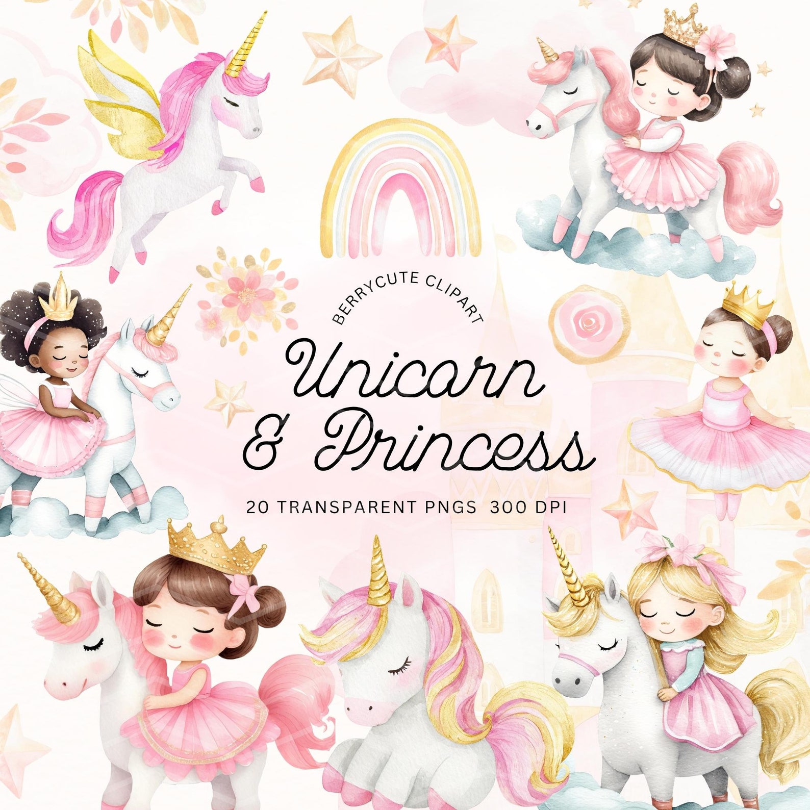 Princess Unicorn Clipart Pack, Pink Princess Clipart, Cute Unicorn ...