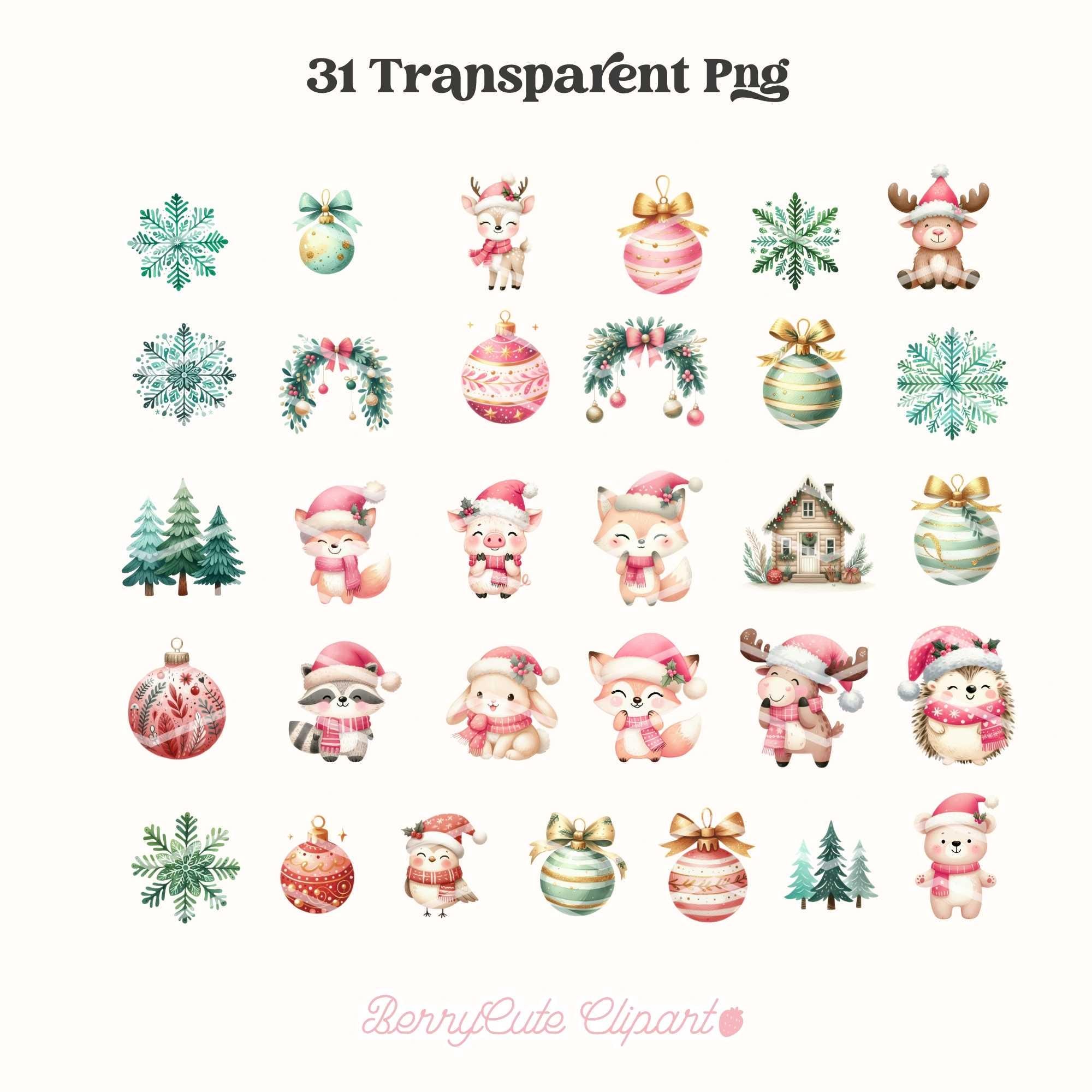 Woodland Christmas Clipart Pack, Pink Woodland, Winter Woodland, Cute ...