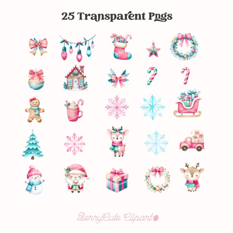 Whimsical Christmas Clipart Pack, Pink Christmas Clipart, Snowman ...