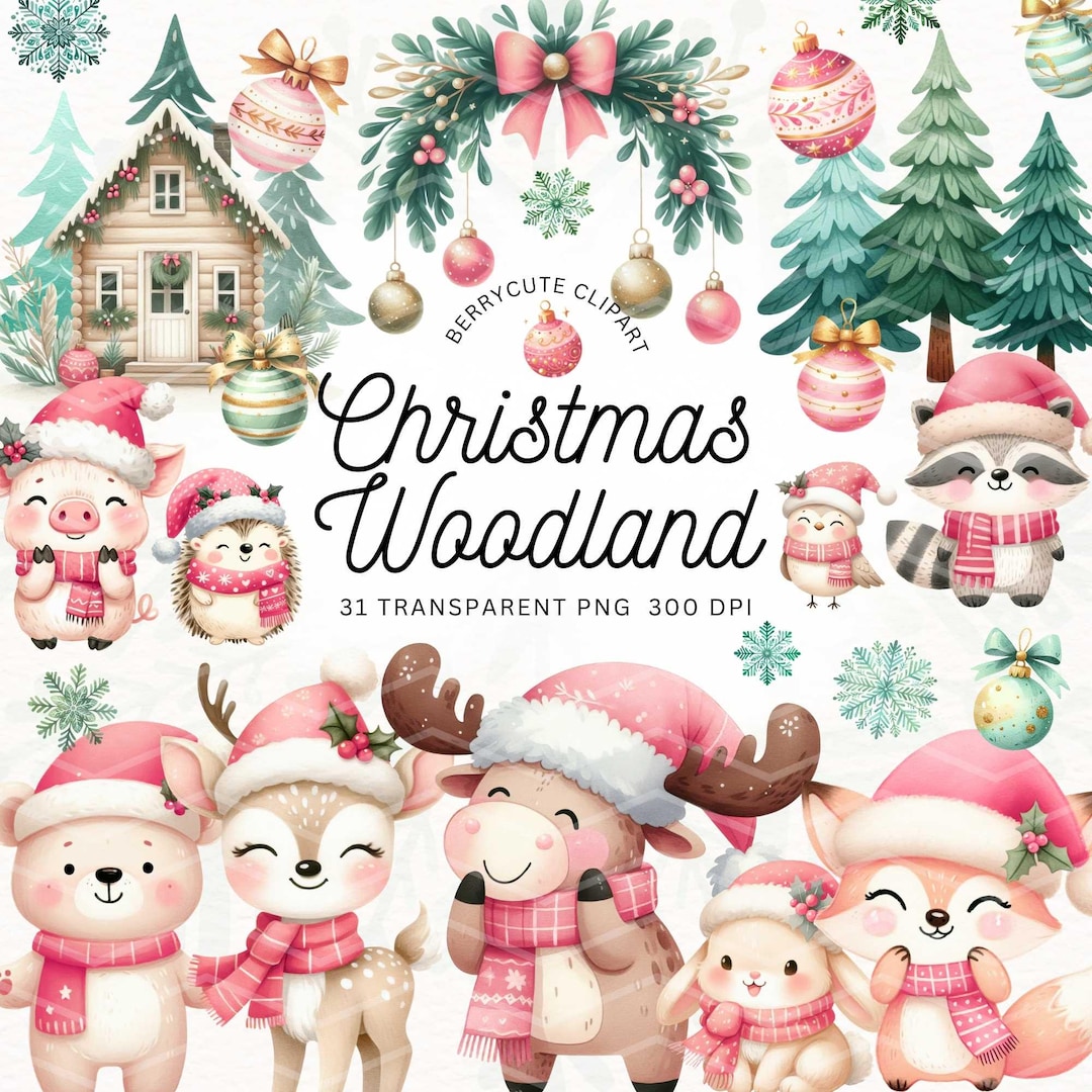 Woodland Christmas Clipart Pack, Pink Woodland, Winter Woodland, Cute ...