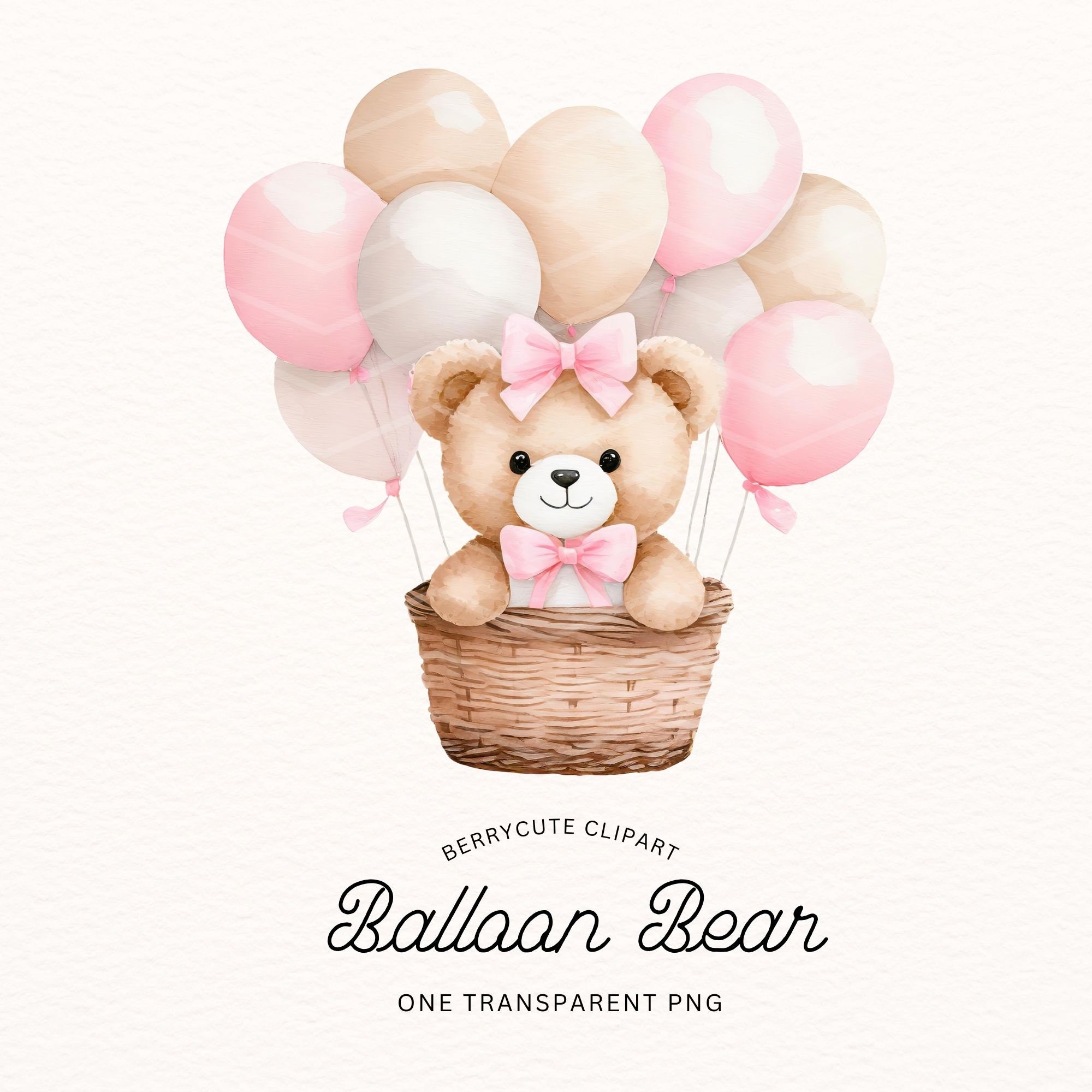 Bear in Basket With Balloons Clipart, Neutral Pink Teddy PNG, Hot Air ...