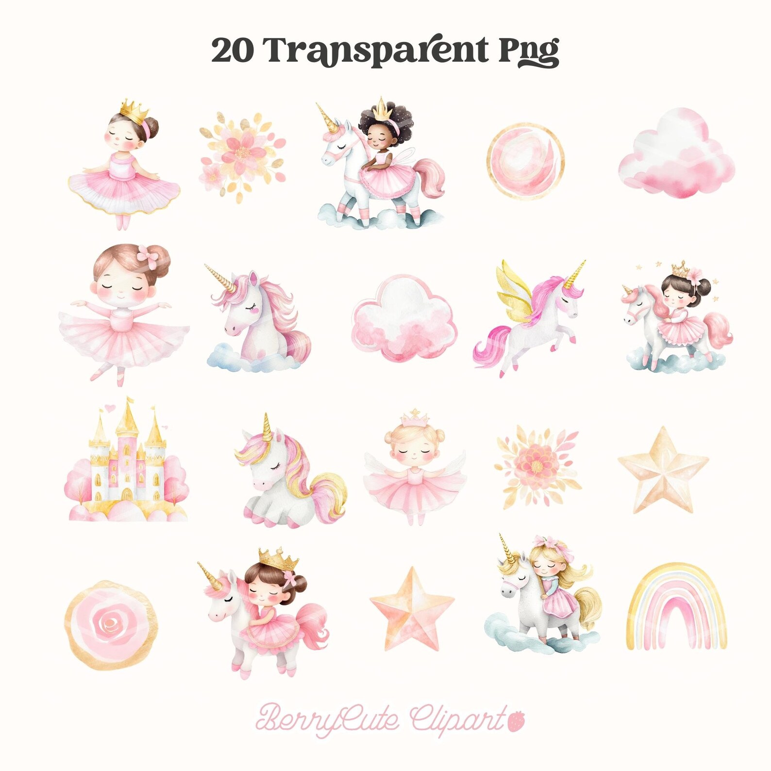 Princess Unicorn Clipart Pack, Pink Princess Clipart, Cute Unicorn ...