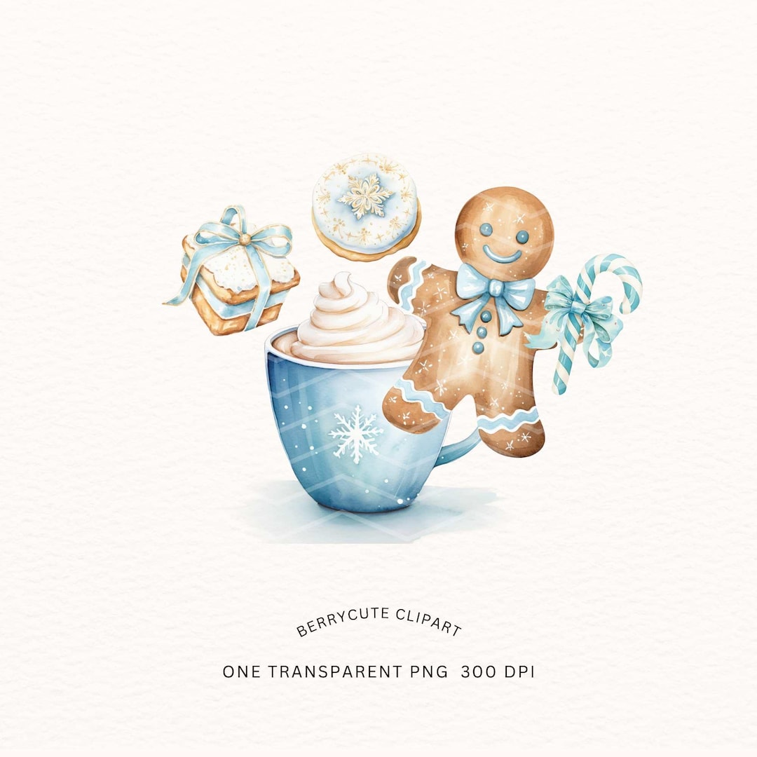 Blue Gingerbread Clipart, Blue Christmas Clipart, Watercolor Christmas ...