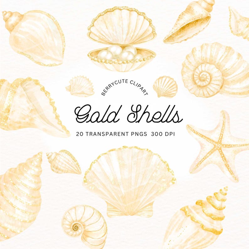 Gold Seashell Clipart Pack, Iridescent Beige Mermaid Shells Png ...