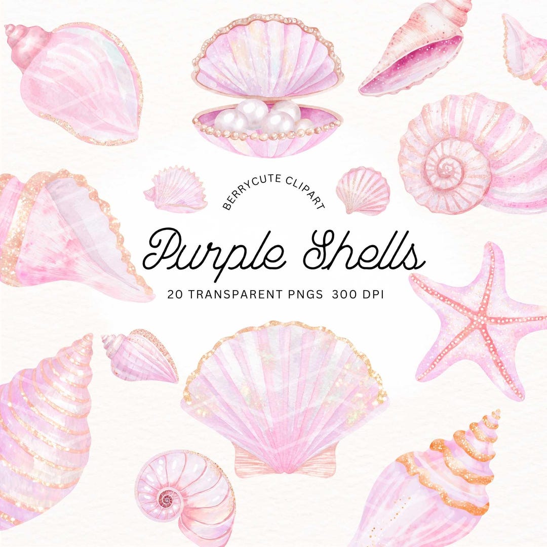 Purple Watercolor Seashell Clipart Pack, Iridescent Mermaid Shells Png ...