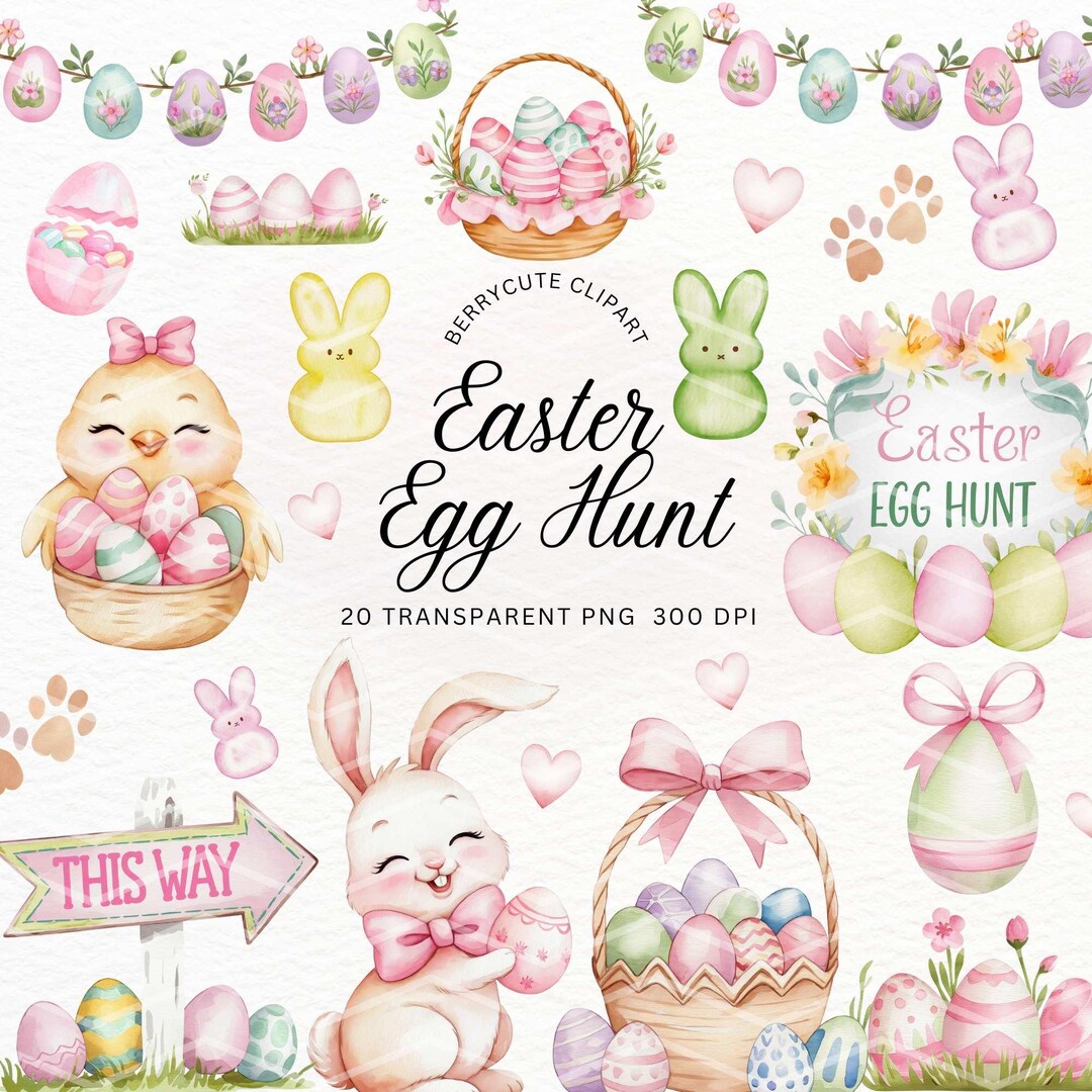 Easter Egg Hunt Clipart Pack, Egg Hunt Png, Cute Bunny PNG, Pastel Eggs ...