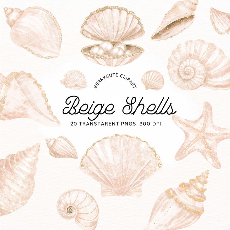 Boho Seashell Clipart Pack, Iridescent Beige Mermaid Shells Png ...