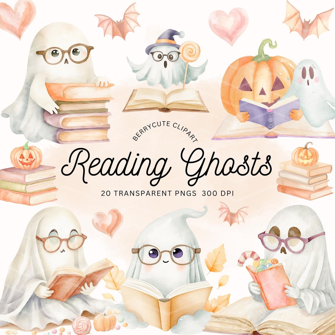 Reading Ghost Clipart Pack, Ghost Reading Books PNG, Bookish Ghost ...