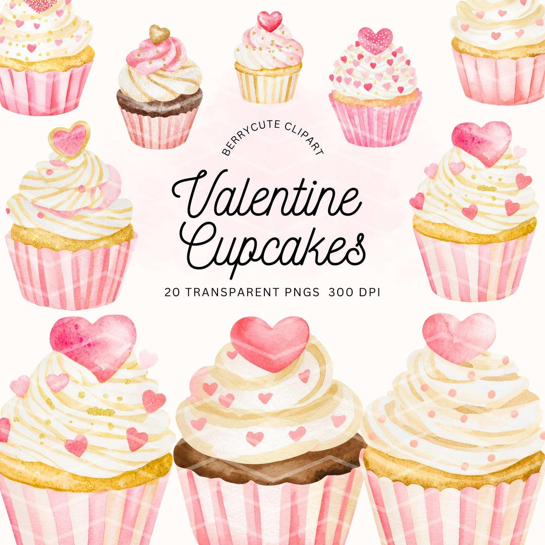 Pink Valentine Cupcake Clipart Pack, Valentine Sweets Clipart, Love ...