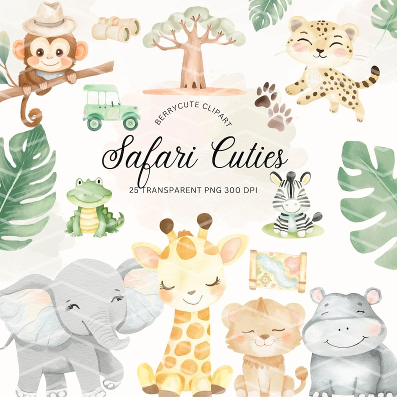 Safari Clipart Set, Jungle Clipart, Cute Giraffe, Baby Lion, Elephant ...