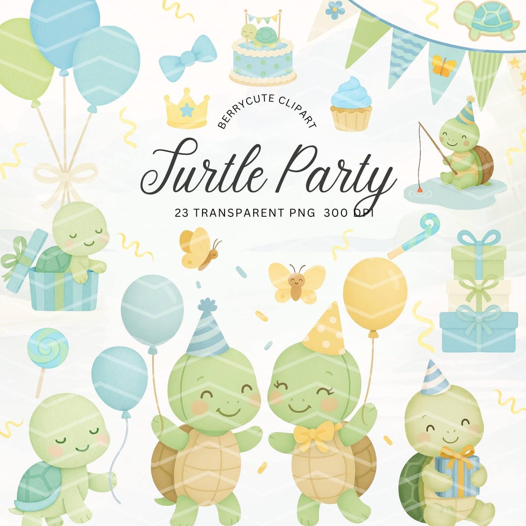Turtle Party Clipart Set, Cute Turtle Clipart, Watercolor Turtle ...