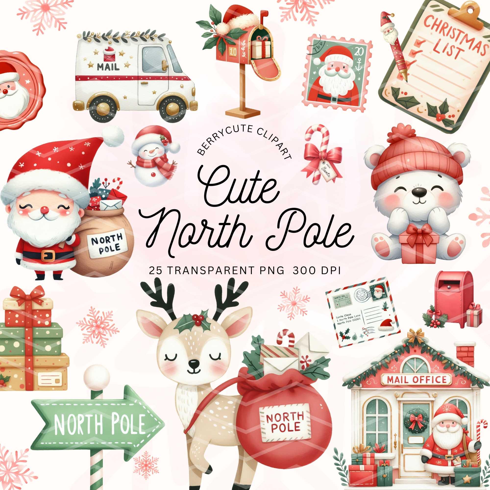 North Pole Clipart Pack, Watercolor Santa's Village, Christmas Clipart ...