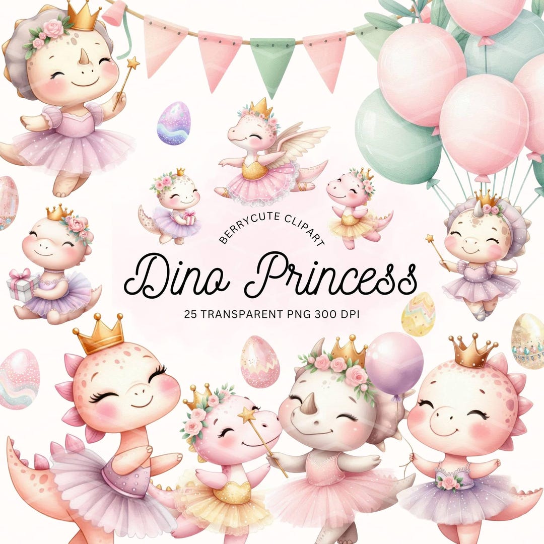 Dinosaur Princess Clipart Pack, Girly Dinosaur Clipart, Cute Dino ...