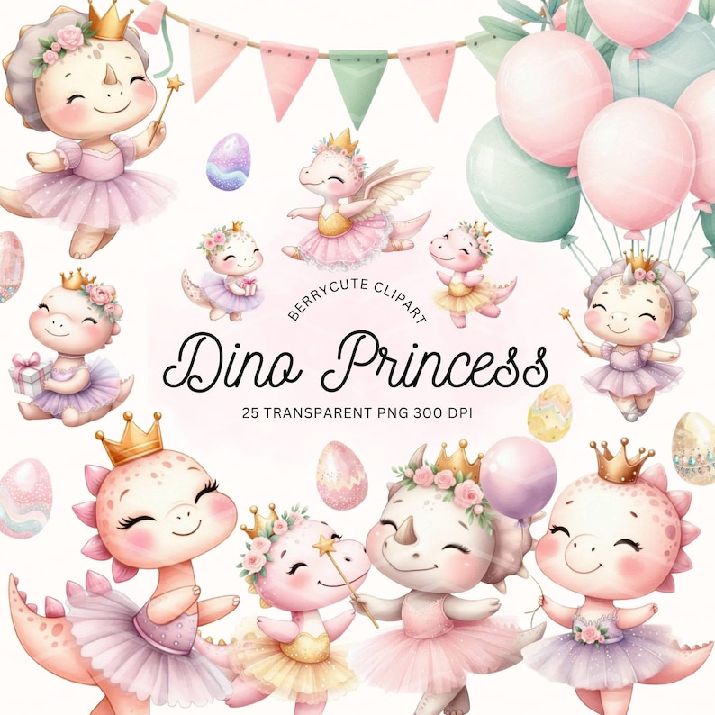 Dinosaur Princess Clipart Pack, Girly Dinosaur Clipart, Cute Dino ...
