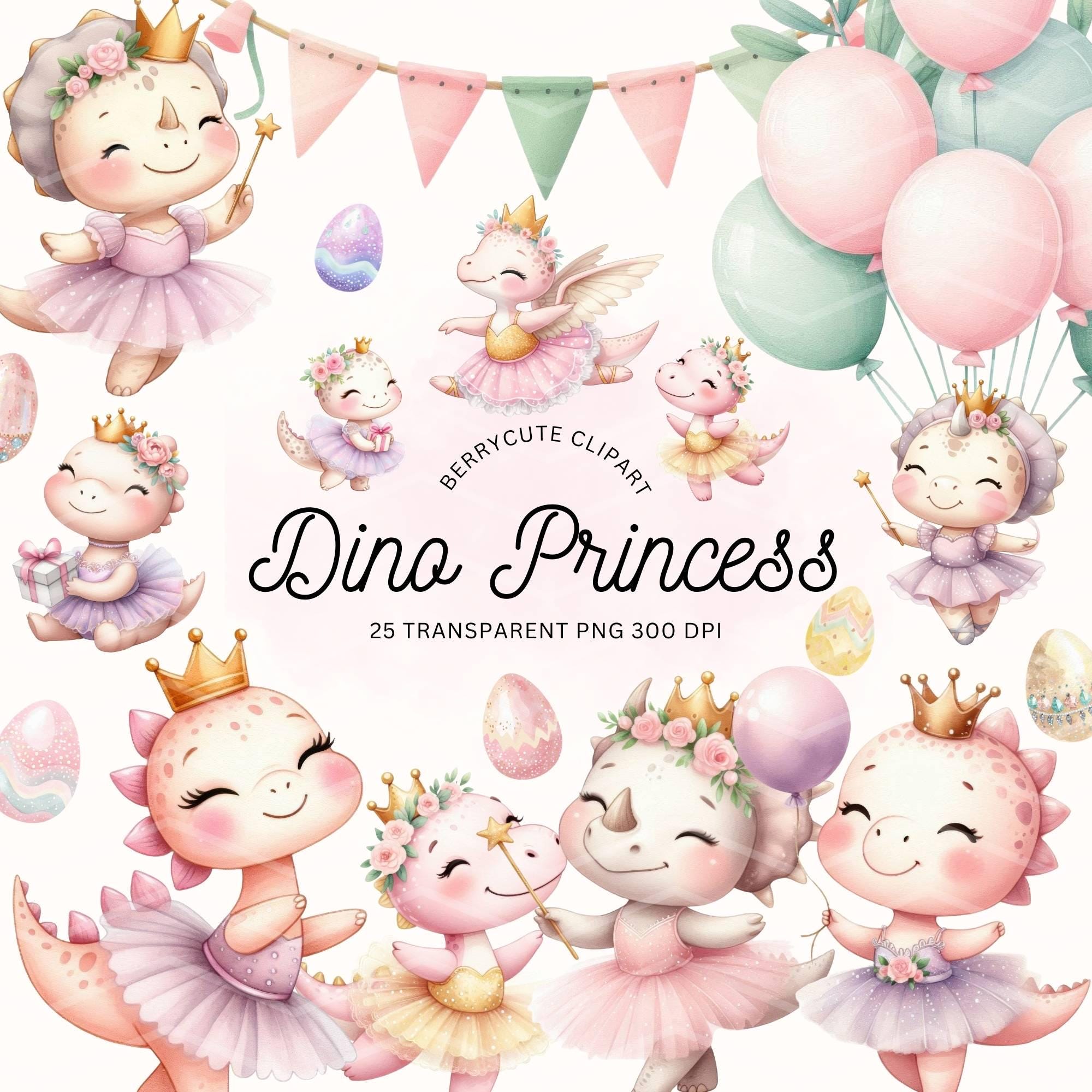 Dinosaur Princess Clipart Pack, Girly Dinosaur Clipart, Cute Dino ...