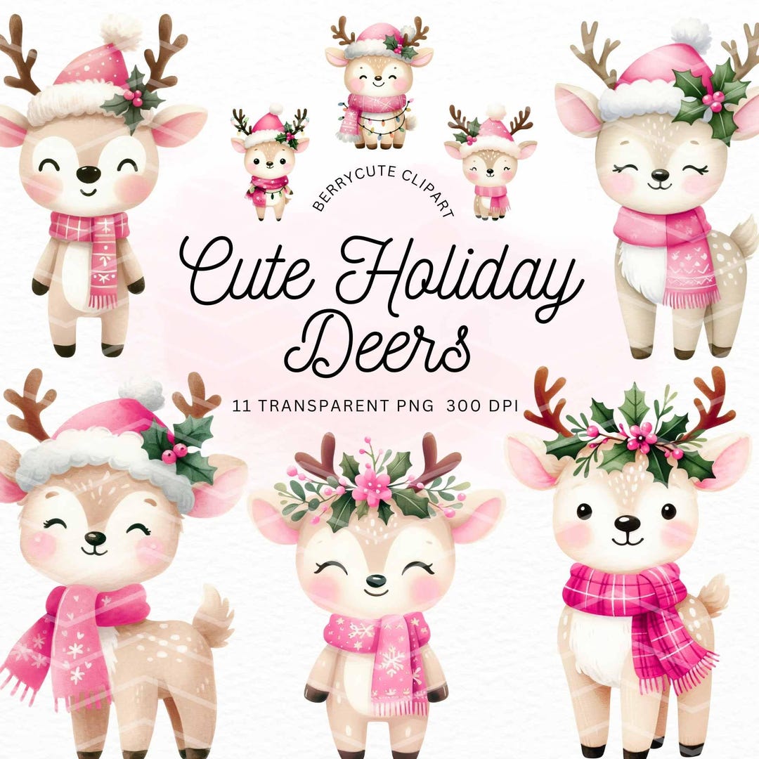 Christmas Deer Clipart Pack, Pink Deer, Festive Reindeer PNG, Cute Fawn ...