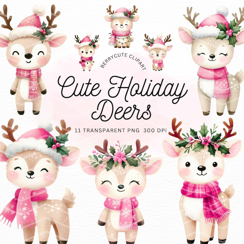 Christmas Deer Clipart Pack, Pink Deer, Festive Reindeer PNG, Cute Fawn ...