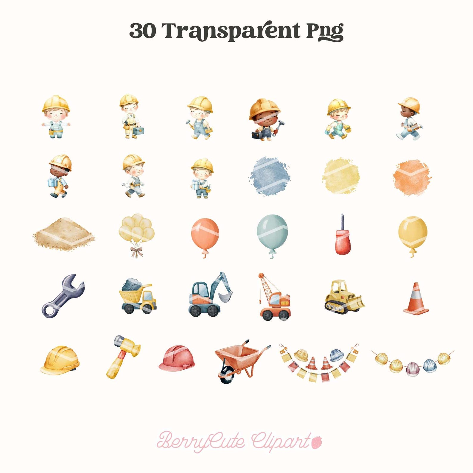 Construction Watercolor Clipart Pack, Builder Vehicle PNG, Excavator ...