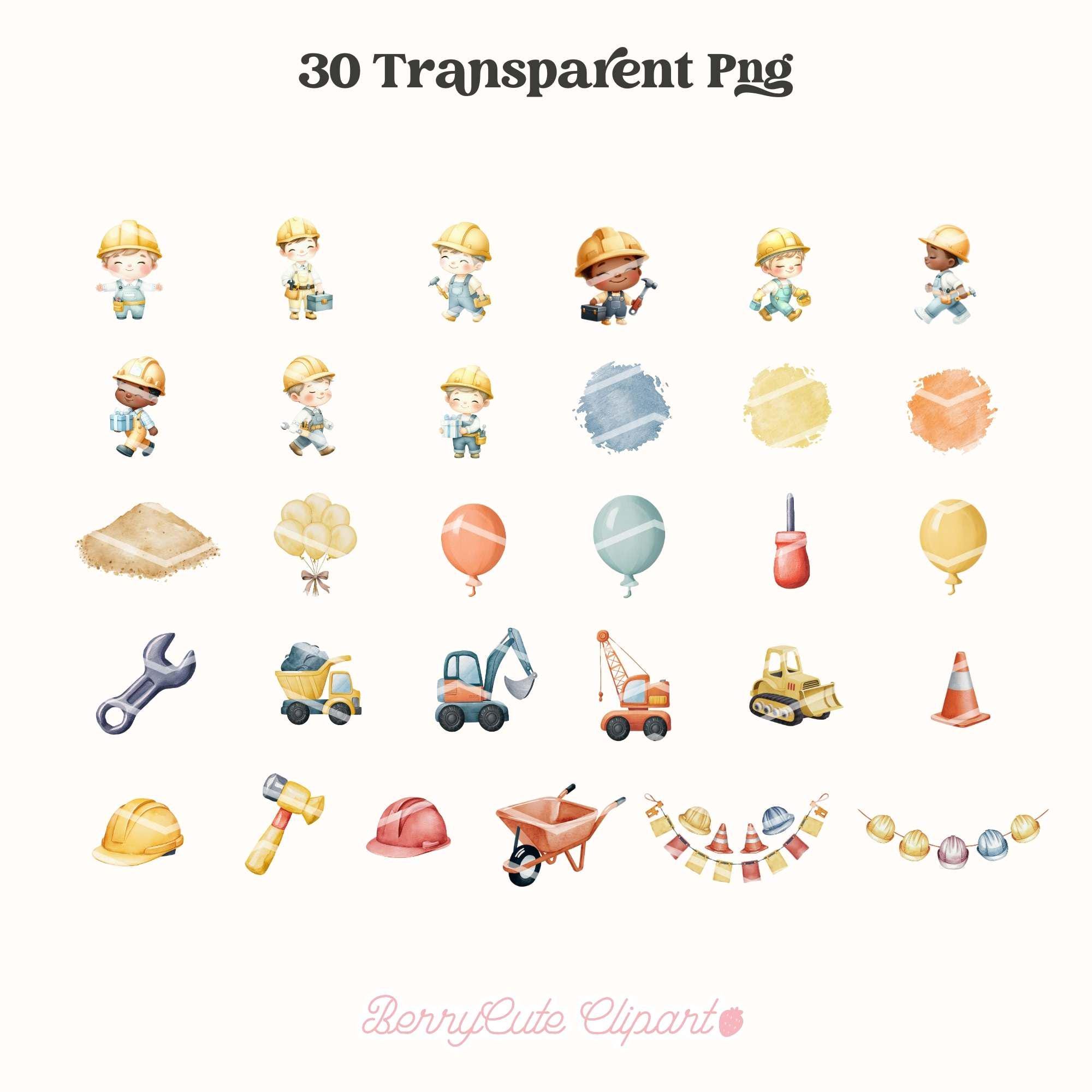 Construction Watercolor Clipart Pack, Builder Vehicle PNG, Excavator ...