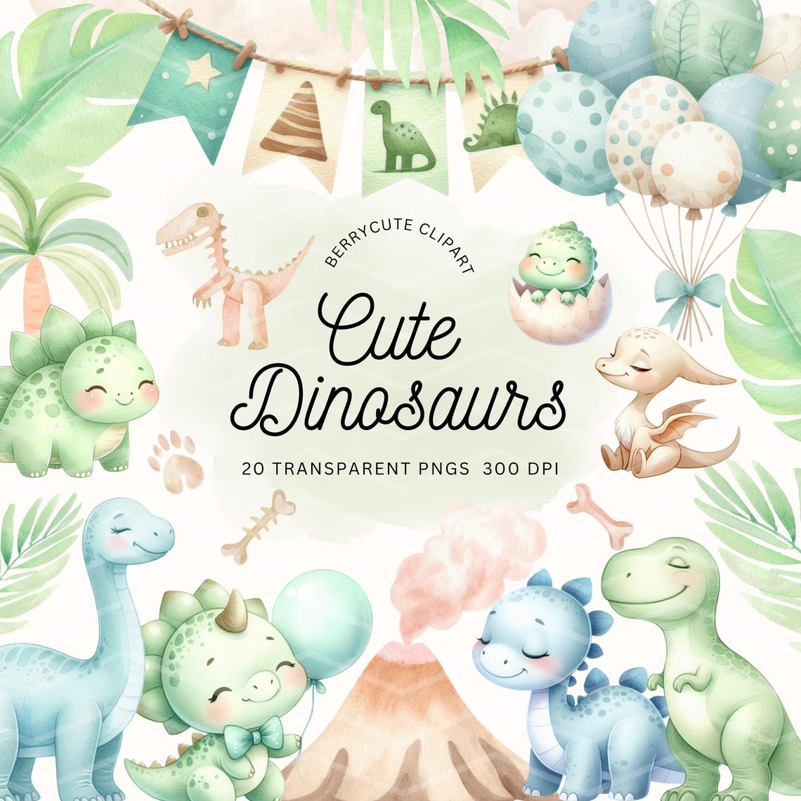 Cute Watercolor Dinosaur Clipart Pack, Cute Dino Clipart, Dinosaur ...