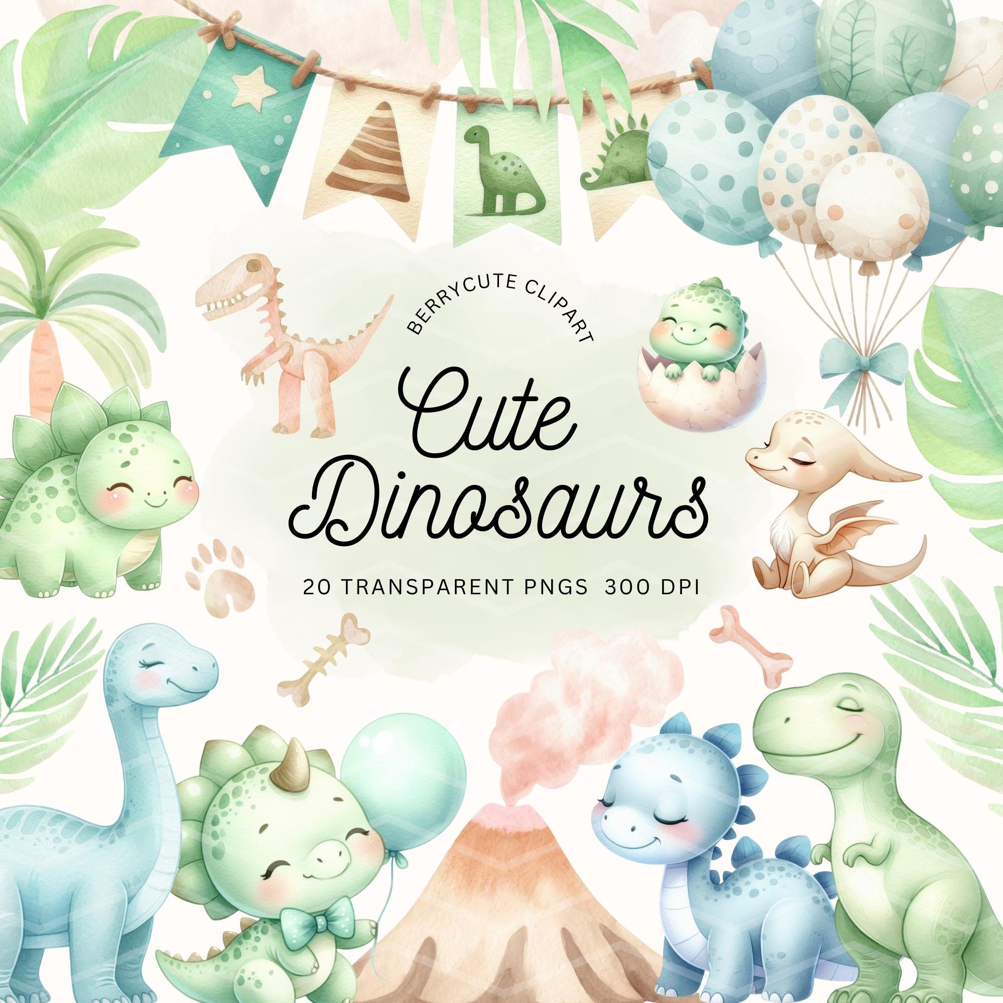 Cute Watercolor Dinosaur Clipart Pack, Cute Dino Clipart, Dinosaur ...