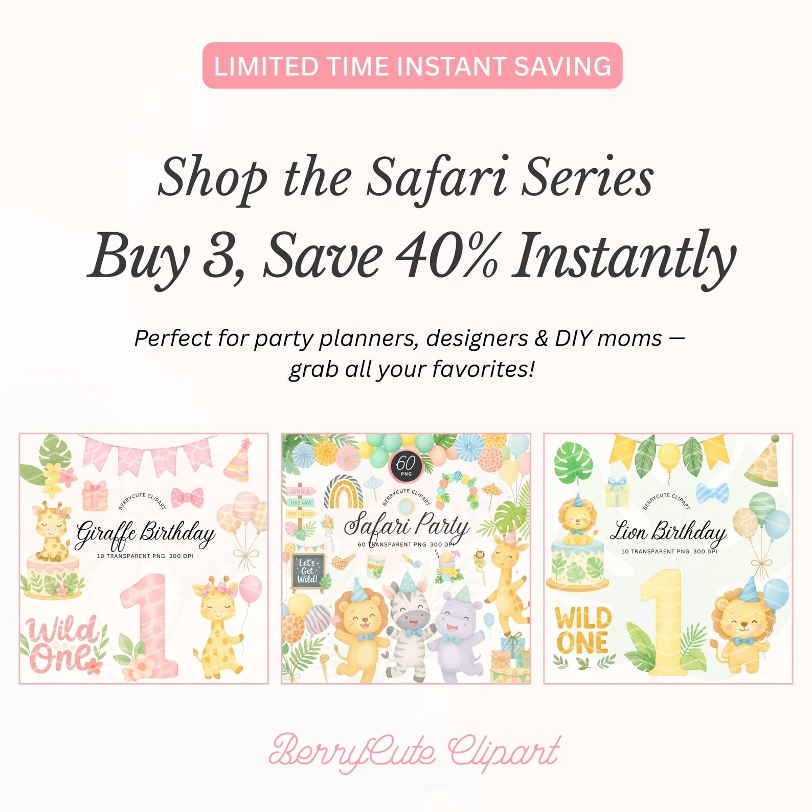 Safari Party Clipart Bundle, Watercolor Safari Animals, Jungle Birthday ...