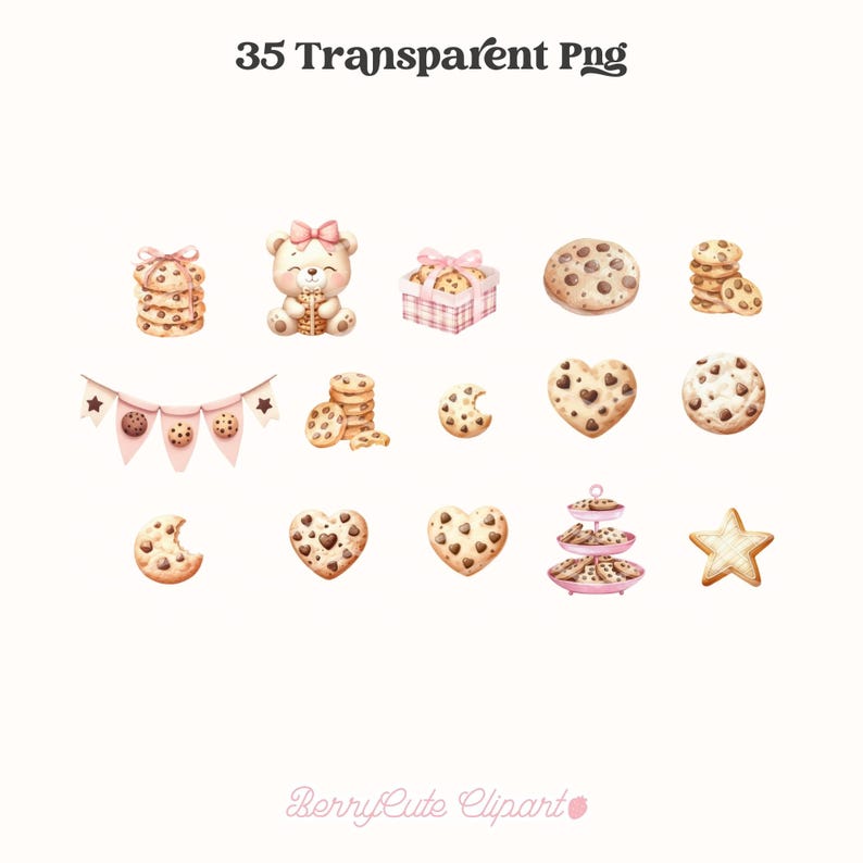 Milk and Cookies Clipart Pack, Pink, Watercolor Chocolate Chip Cookies ...