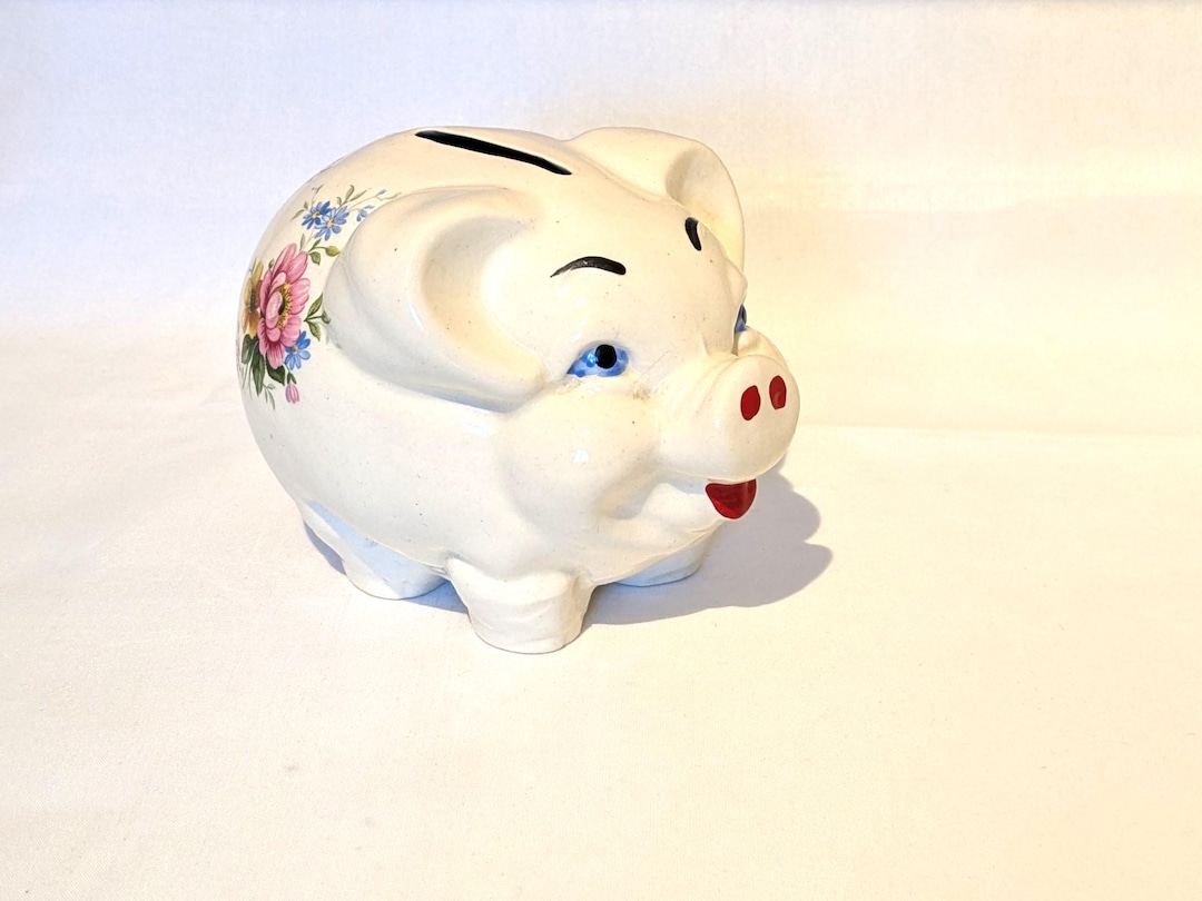 Vintage Ceramic Piggy Bank From 1950s or 60s. Floral Motif and Cheerful ...