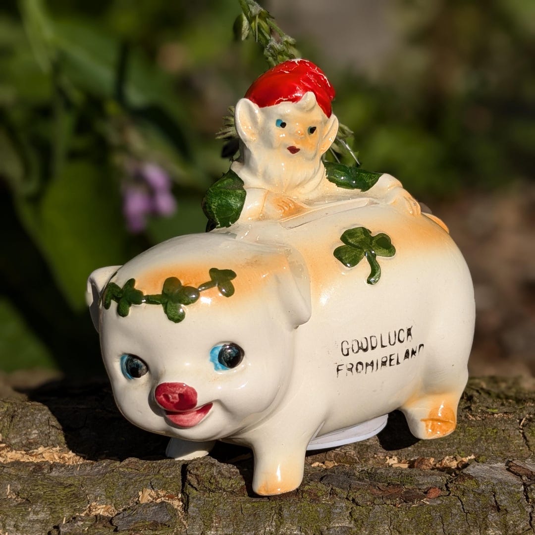 Good Luck From Ireland Mid Century Smiling Blue Eyed Piggy Bank With Cheeky Looking Leprechaun ...