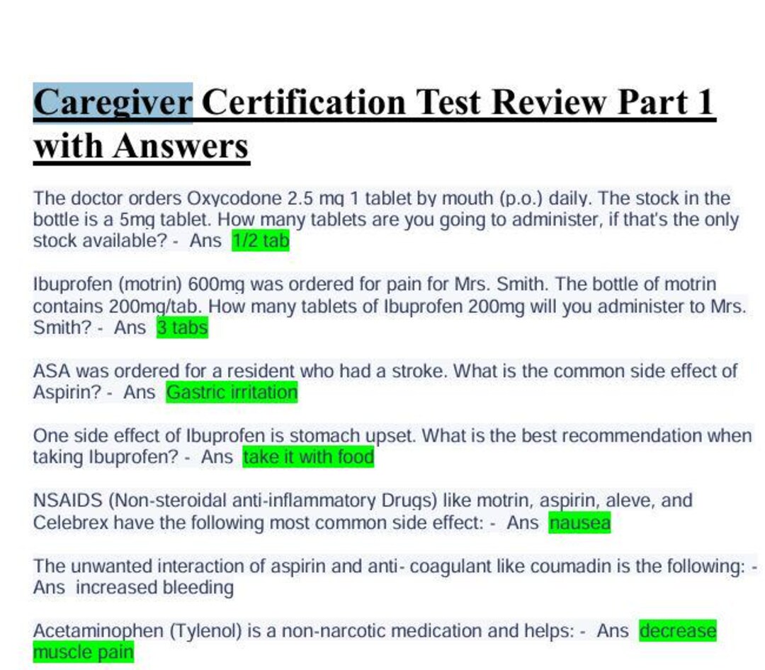 Caregiver Certification Test Review Part 1 With Answers Etsy