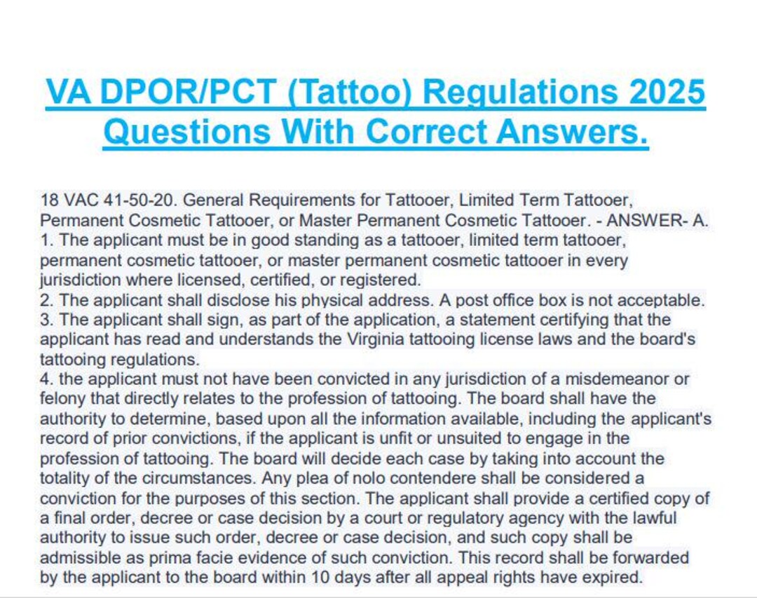 VA DPOR PCT tattoo Regulations 2025 Questions With Correct Answers. - Etsy