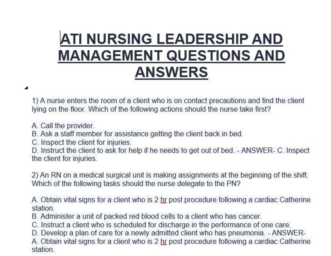 Ati Nursing Leadership and Management Questions and Answers - Etsy