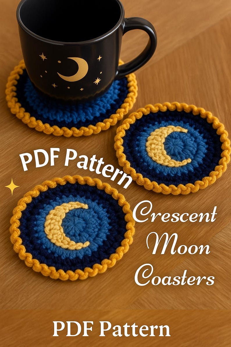 Crescent Moon Coasters Crochet Pattern – PDF Tutorial, Lunar Home Decor ...