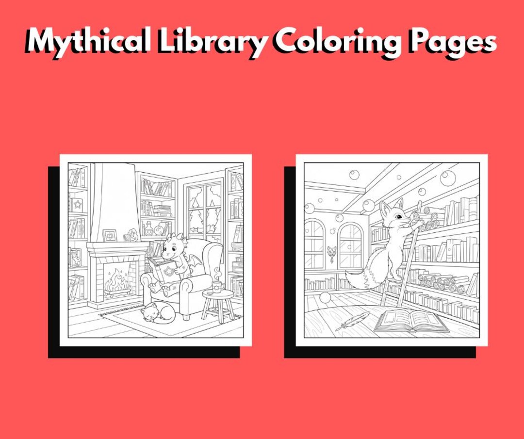 Mythical Library Coloring Pages | Simple Black & White Fantasy Line Art ...