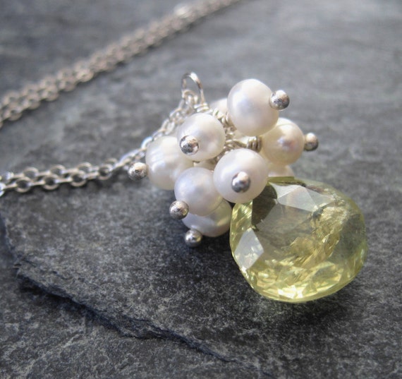 Items similar to Lemon quartz and white pearls sterling silver necklace ...
