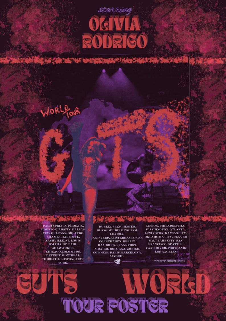 Olivia Rodrigo GUTS World Tour Poster with Locations - Etsy