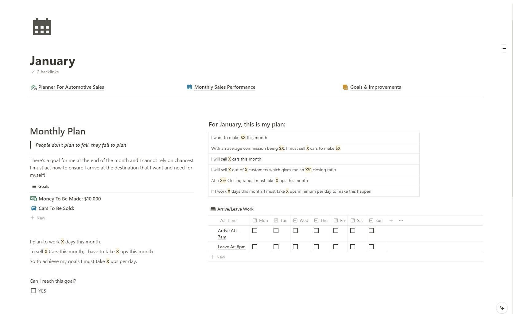 Notion Template for Automotive Sales Professionals monthly Goal Planner ...