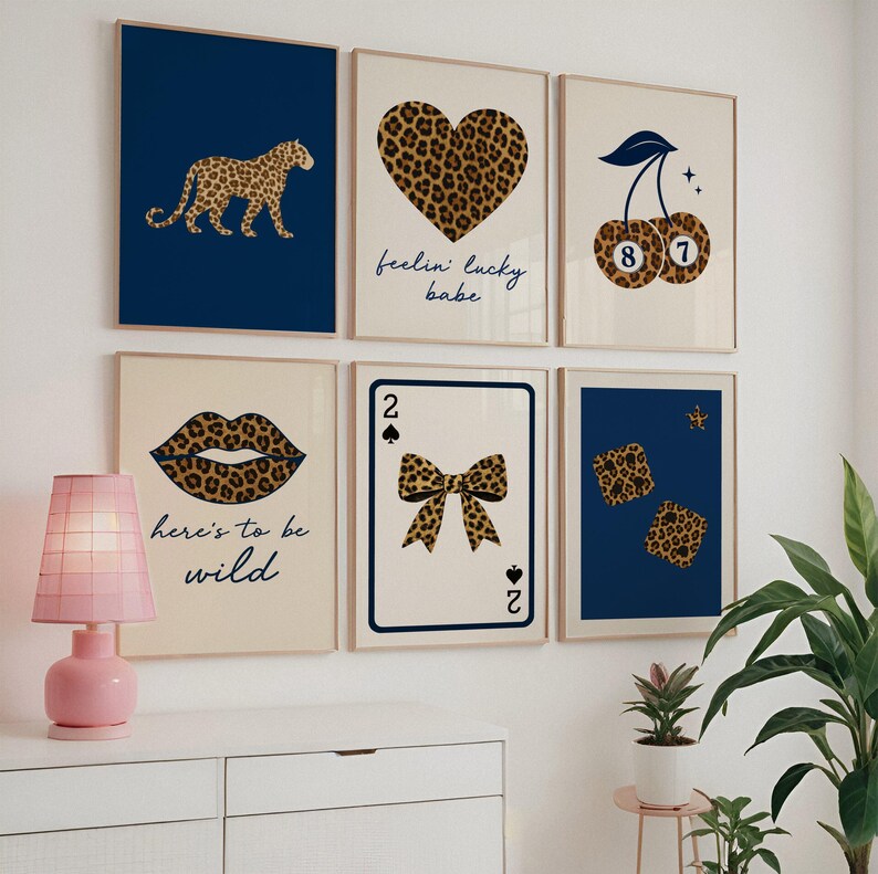 Vintage Leopard Navy Blue Wall Art Set of 12 Trendy Lucky Gallery ...
