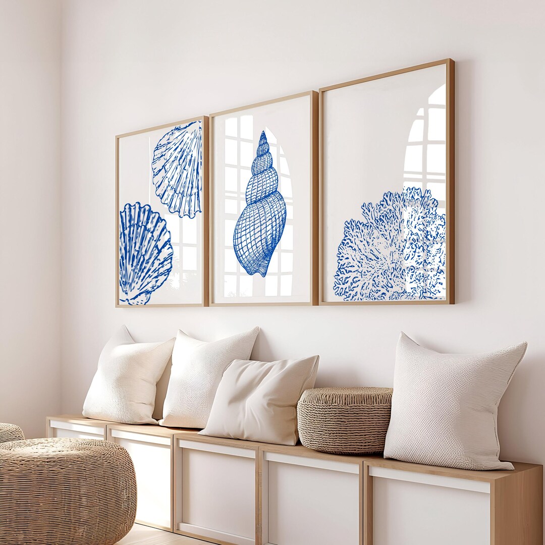 Coastal Wall Art Set – Blue Seashell Printable Decor, Beach House ...