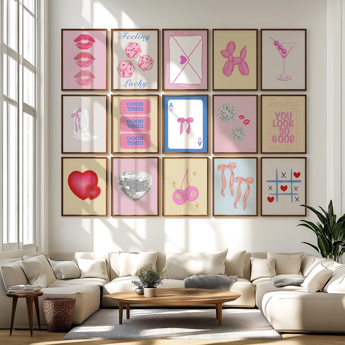 Set of 15 Trendy Prints Pink, Blue, and Yellow Posters, Preppy Wall Art ...