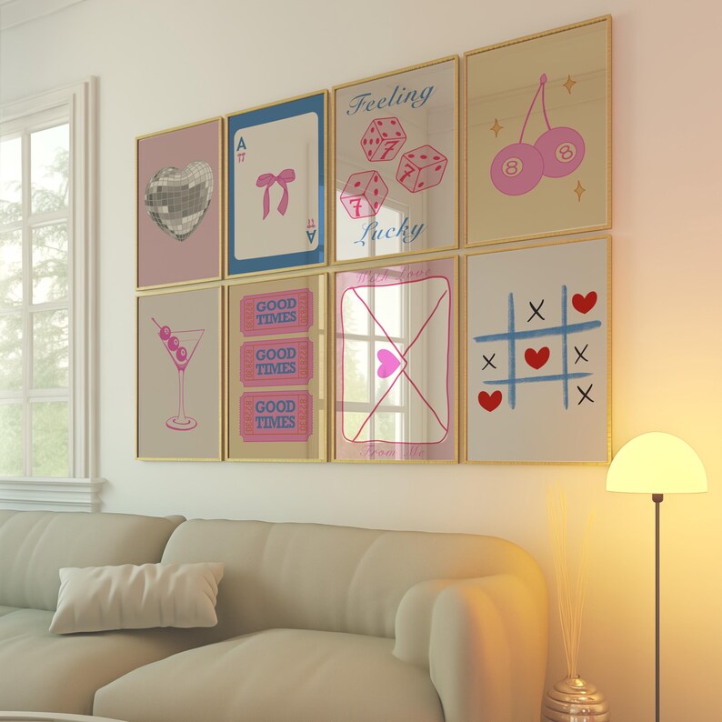 Set of 15 Trendy Prints Pink, Blue, and Yellow Posters, Preppy Wall Art ...