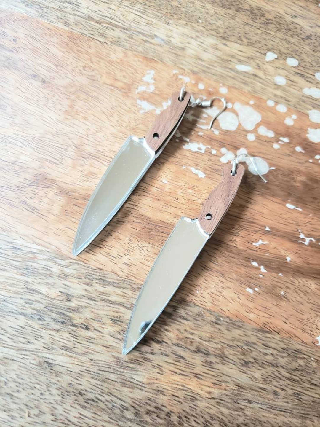 Walnut Wooden Mirrored Knife Earrings - Etsy