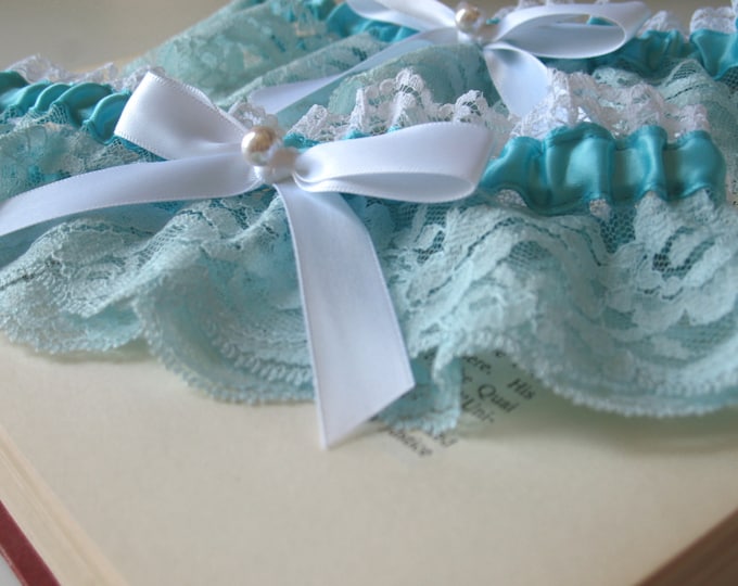 TIFFANY Blue Bridal Garter Set White Bow and Pearl SWEET - Etsy