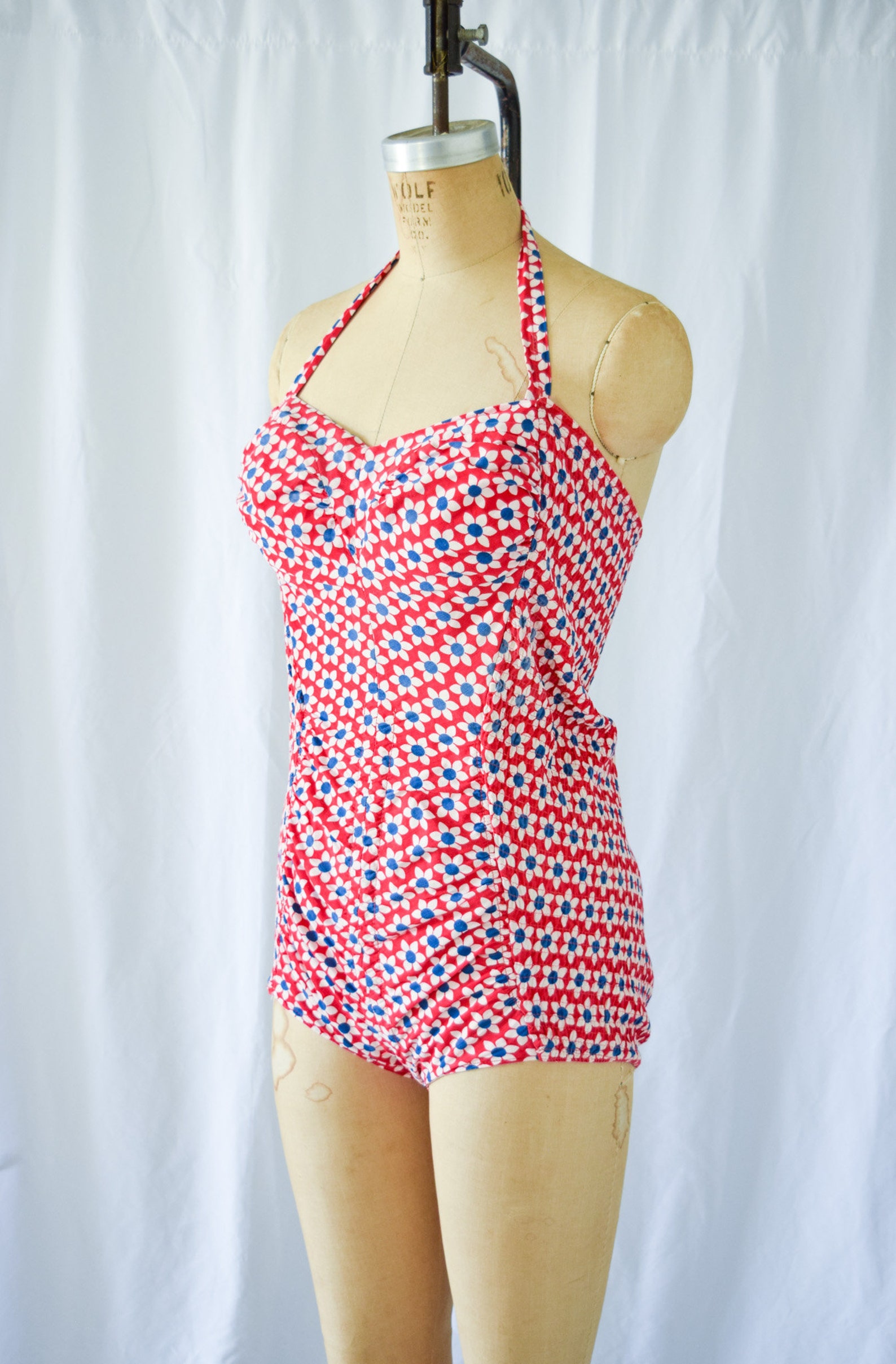1960s Swimsuit | Cole of California | Vintage 60s Red White Blue Floral ...