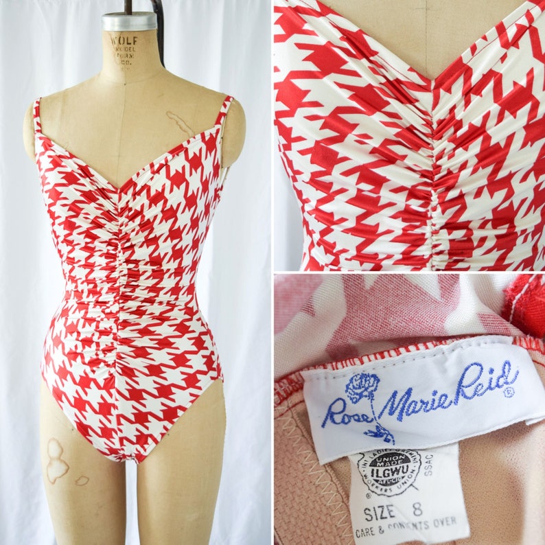 1980s Swimsuit | Rose Marie Reid | Vintage 80s Red Houndstooth One ...