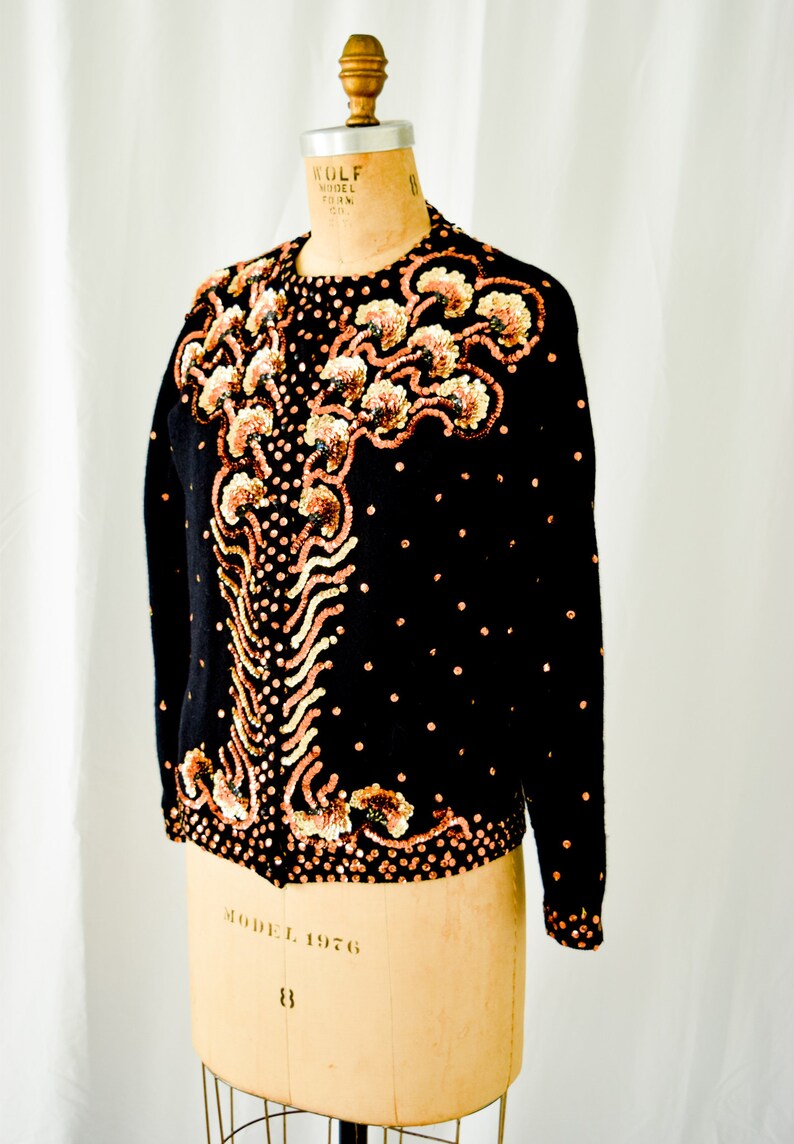 1950s Beaded Cardigan | Copper Sequins | Vintage 50s Black Button Front ...